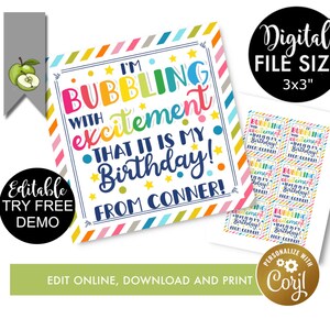 Editable Bubbling With Excitement Party Favor Printable Gift Tag ...