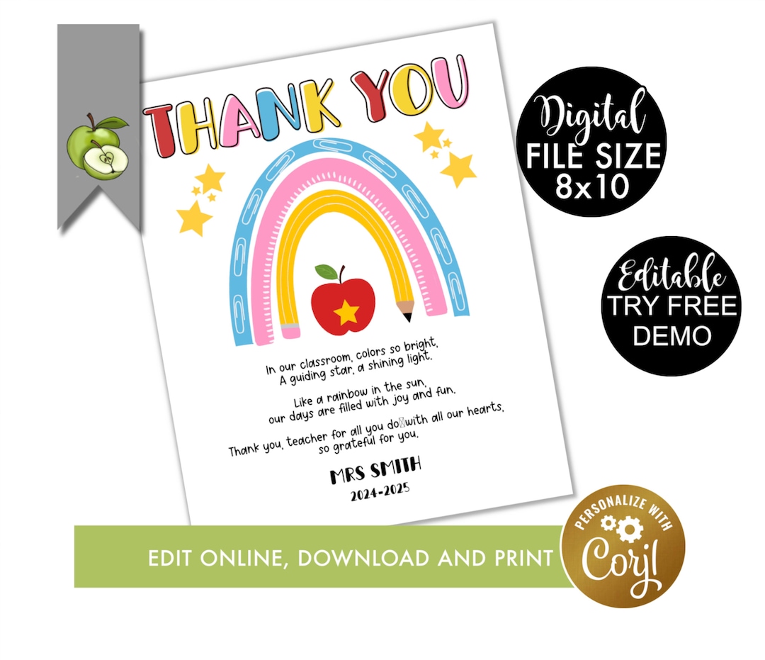 Editable Teacher Thank You Poem Gift, Printable Teacher Wall Art ...