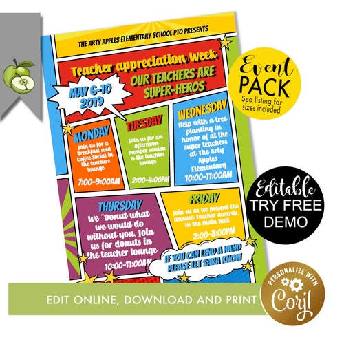 EDITABLE Superhero Teacher Appreciation Week Itinerary Poster - Etsy