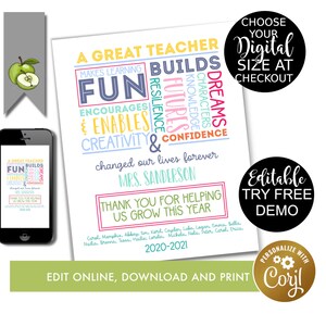 Editable Great Teacher Gift Printable Teacher Gift Add Class - Etsy