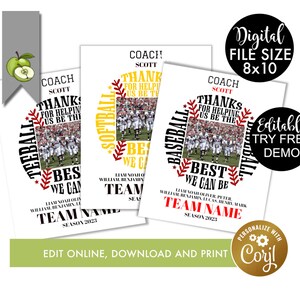 Baseball Coach Thank You Team Gift, Editable, Baseball Printable, Photo ...