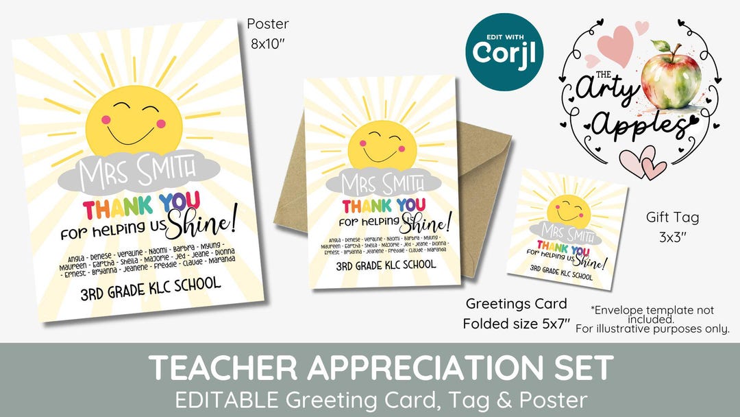 Editable Sunshine Teacher Gift, Thank You for Helping Me Shine Card and ...