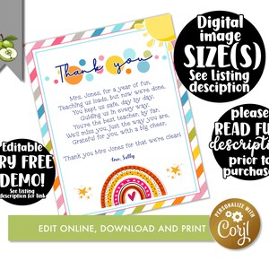 Editable Teacher Thank You Rainbow Poem Gift, Printable Appreciation ...