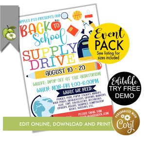 Editable Back to School Supply Drive Flyer Editable, Printable PTA PTO ...