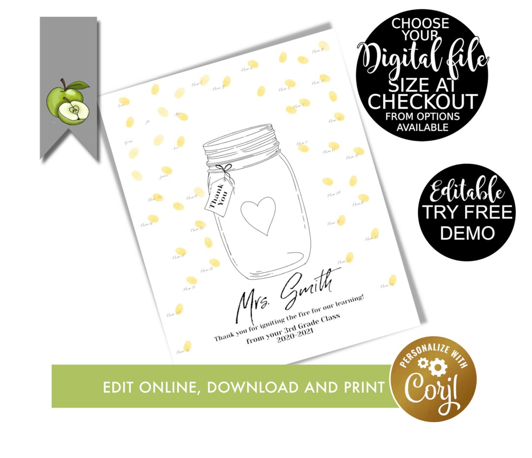 Teacher Firefly Mason Jar Class Gift, Glow Worm, Digital Download ...