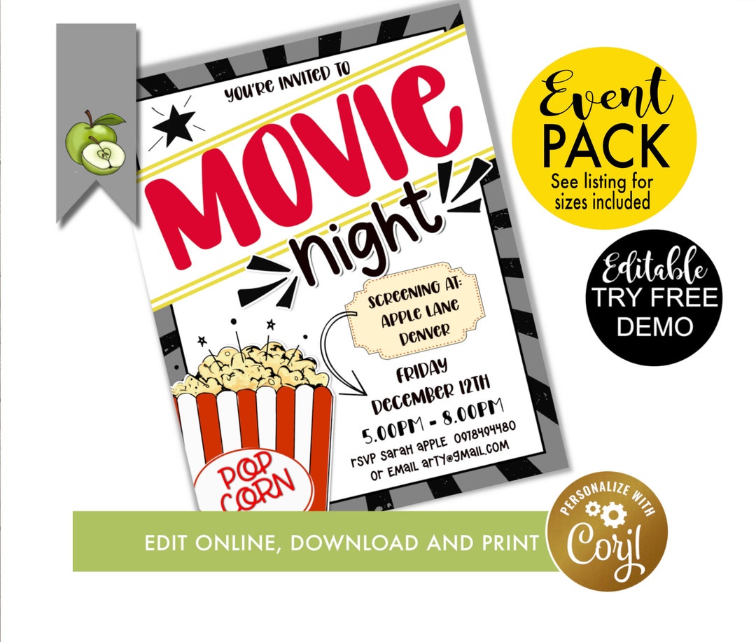 Movie Night Invite Editable Film Theme Party Invitation, Cinema ...