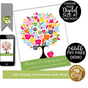 Editable Rainbow Teacher Class Apple Tree Gift, Digital Download, Kids ...