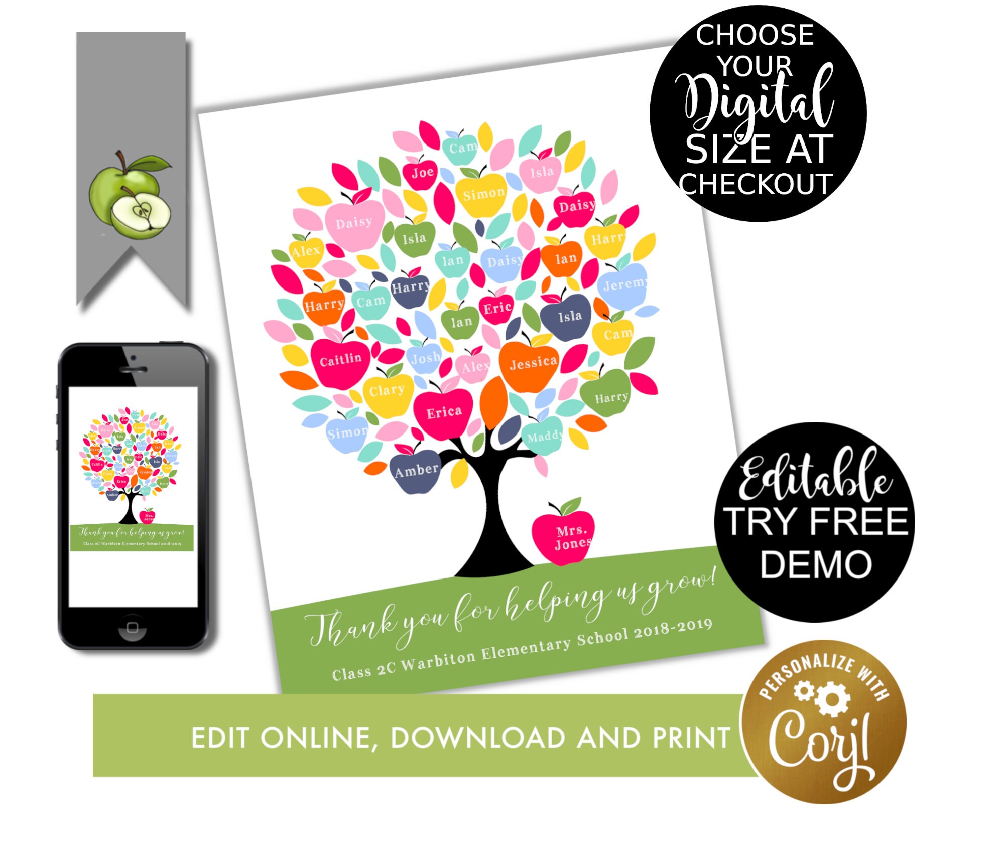Editable Rainbow Teacher Class Apple Tree Gift Digital - Etsy UK