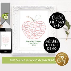 Editable Teacher Word Art Apple With Kids Names, Editable Apple for ...