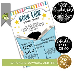 Editable book Fair flyer template writing reading club | Etsy