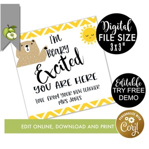 Editable I'm Beary Excited You Are Here Classmate Tag - Etsy