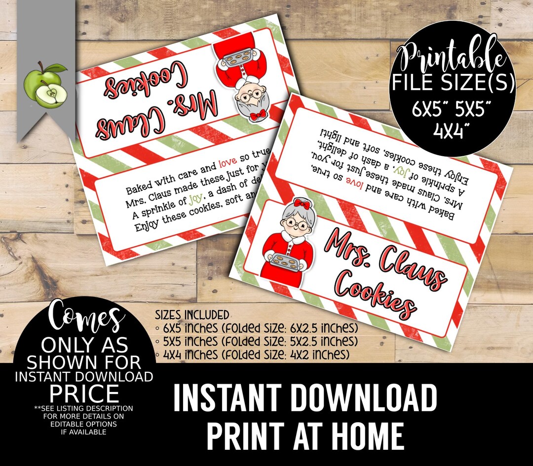 Mrs Santa Cookies Printable Bag Toppers, Instant Download 3 Sizes ...