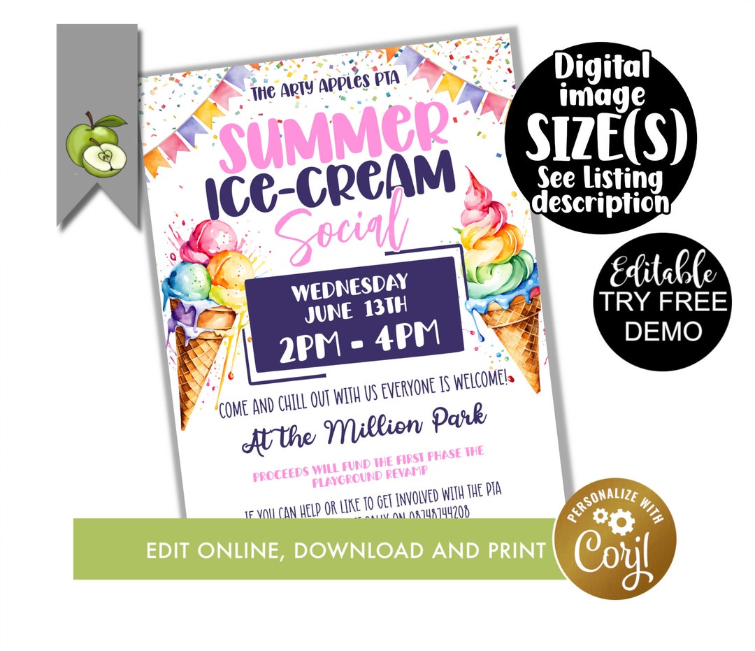 Editable Ice-cream Party Day Flyer, School Family, Hello Summer ...