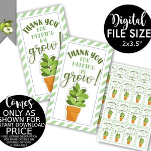 Teacher Flower Gift Tags, Thank You for Helping Me Grow, Printable Gift ...