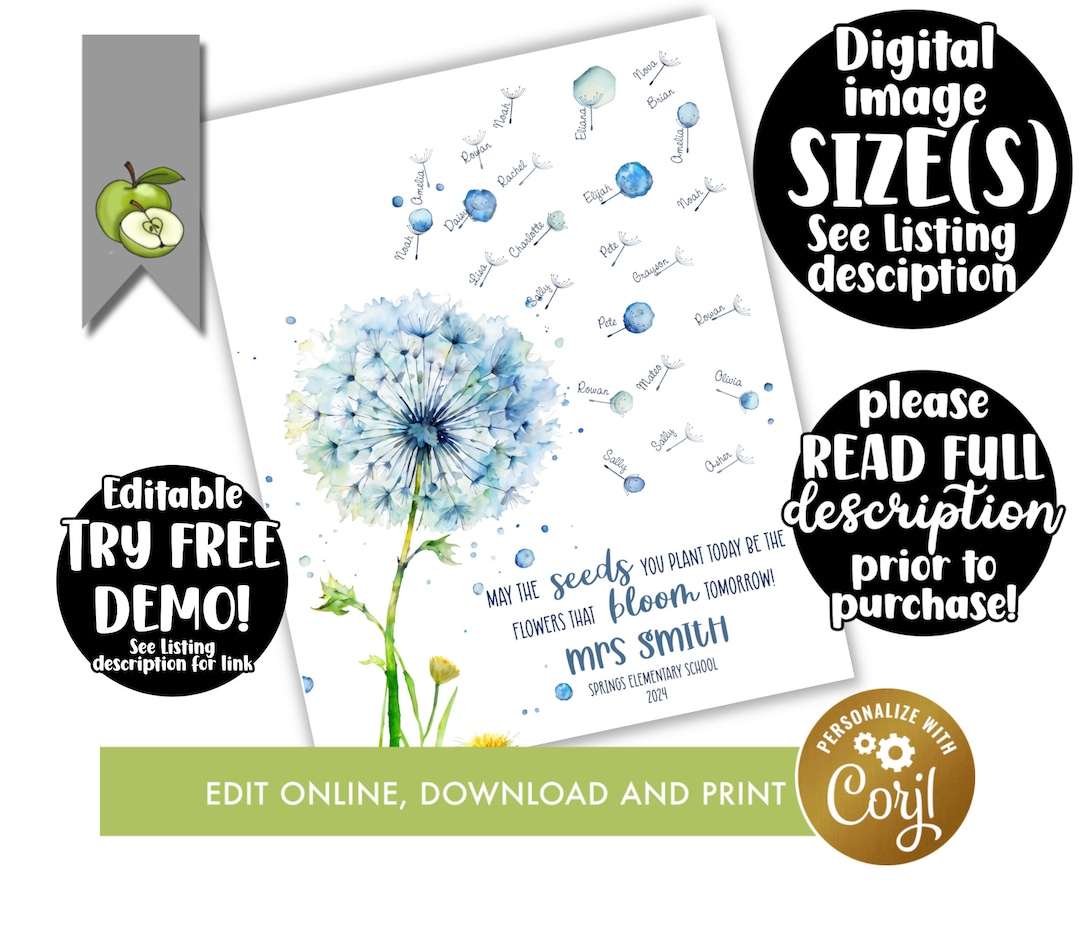 Editable Dandelion Teacher Appreciation Gift, Personalized Gift From ...