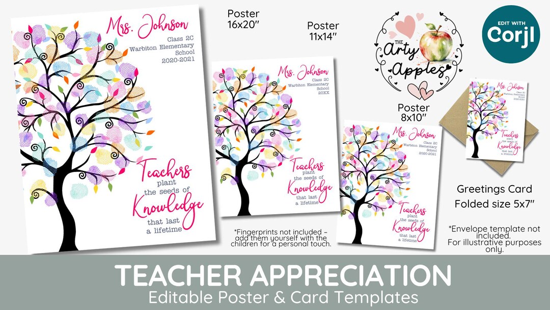 Editable Teacher Tree Gift With Kid's Fingerprints Card Rainbow Print ...