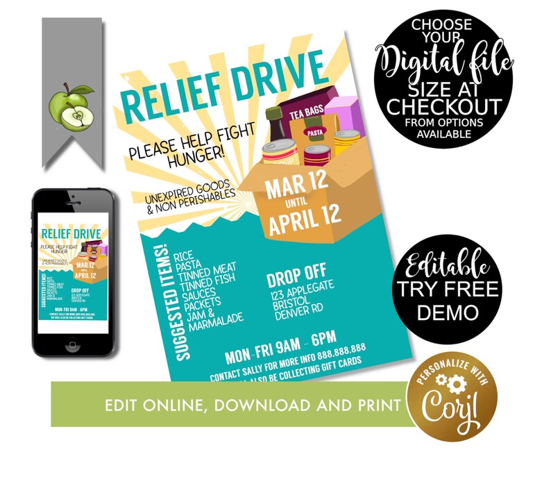 Editable RELIEF drive Flyer Template food collection food | Etsy