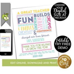 Editable Great Teacher Gift Printable Teacher Gift Add Class - Etsy