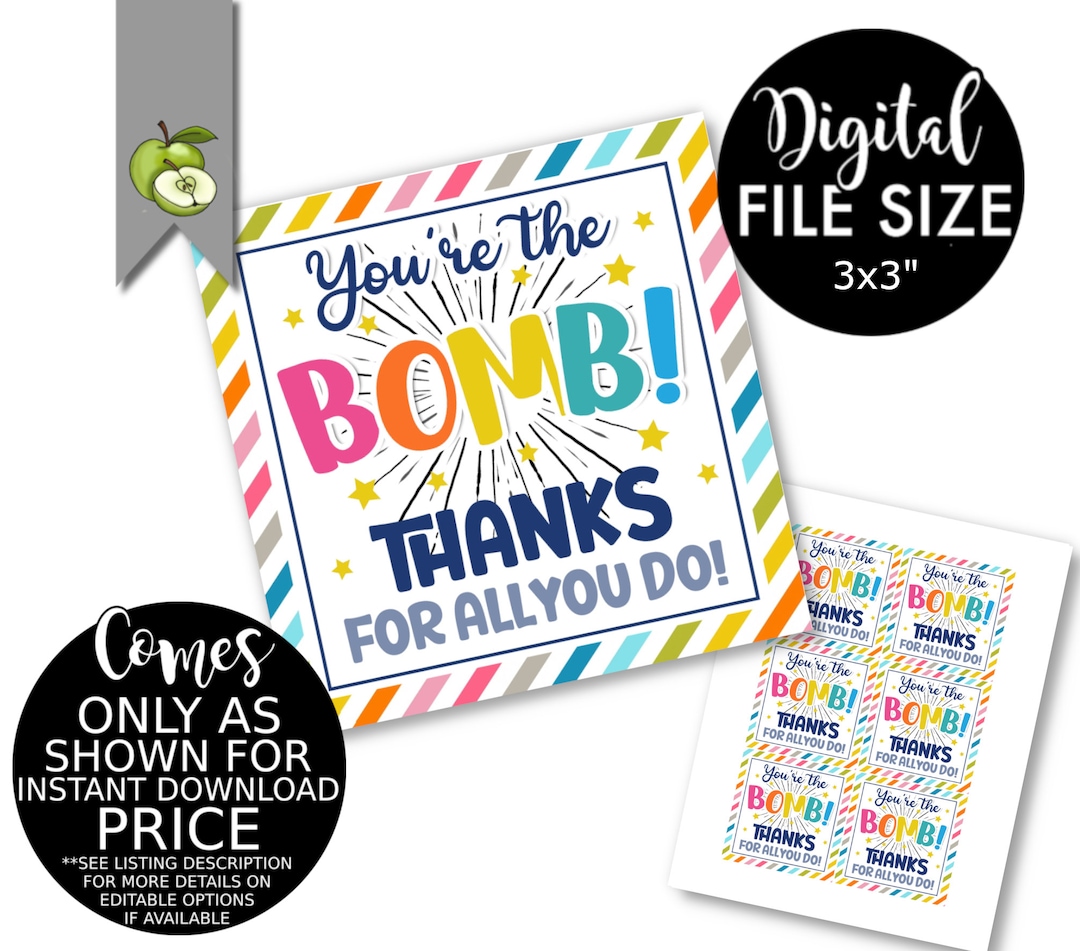 You're the Bomb Bath Bomb Gift Tag, Rainbow, Teacher Appreciation ...