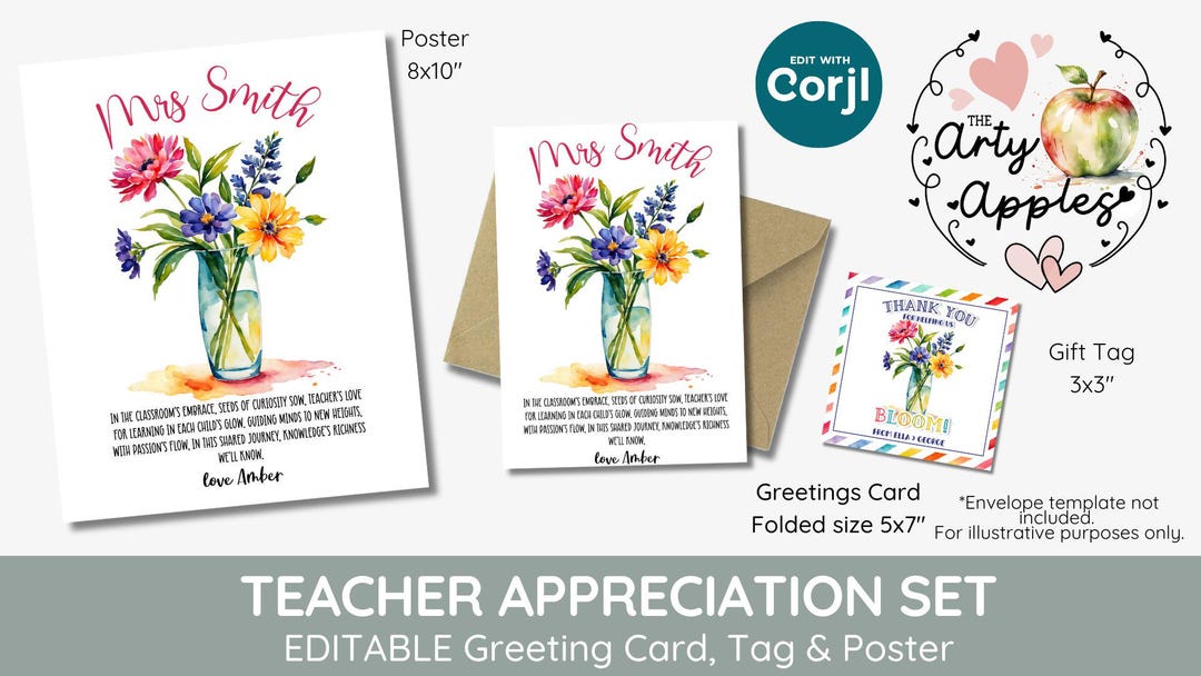 Editable Watercolor Floral Teacher Appreciation Gift, Thank You for ...