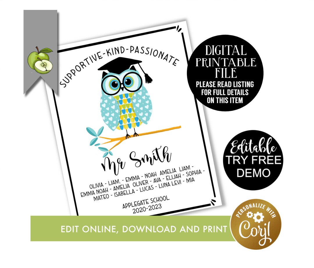 Editable Teacher Appreciation Owl Gift, Best Teacher, Personalized ...