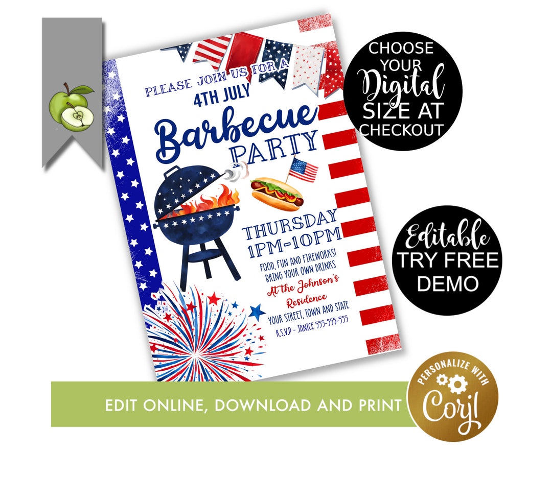 Editable 4th of July Invitation, Family Barbecue, Barbeque Celebration ...