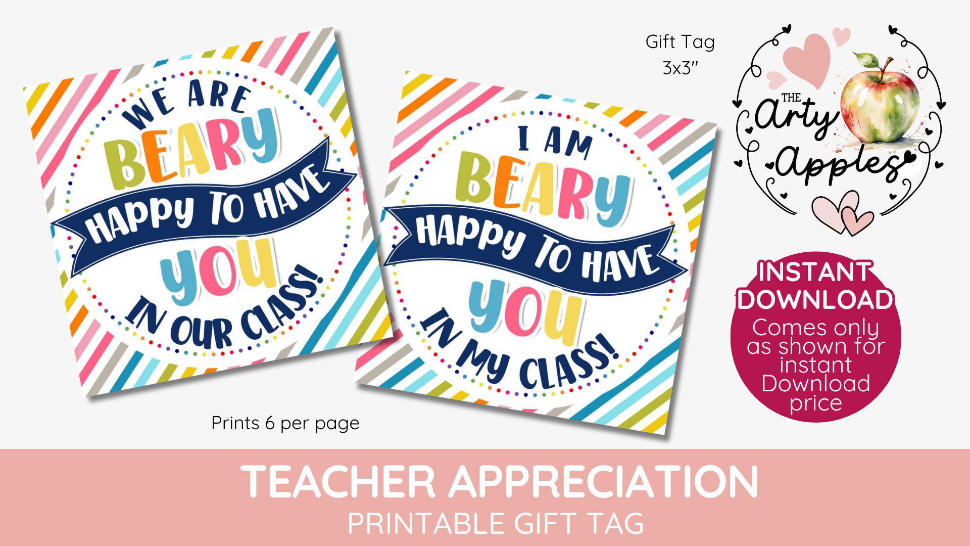 Beary Happy Teacher Gift Tag, Printable Class Favor (instant Download ...