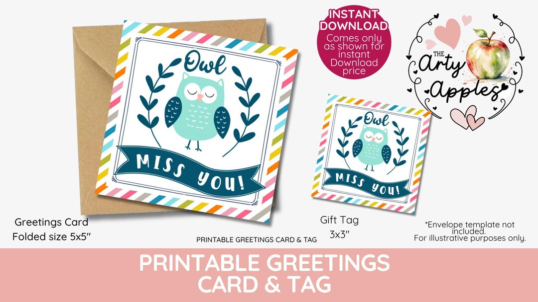 Teacher Owl Miss You Printable Gift Tag & Card, Teacher Appreciation ...