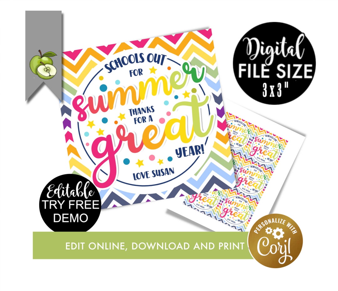 Editable Schools Out for Summer Sun Teacher Gift Tags, End of School ...