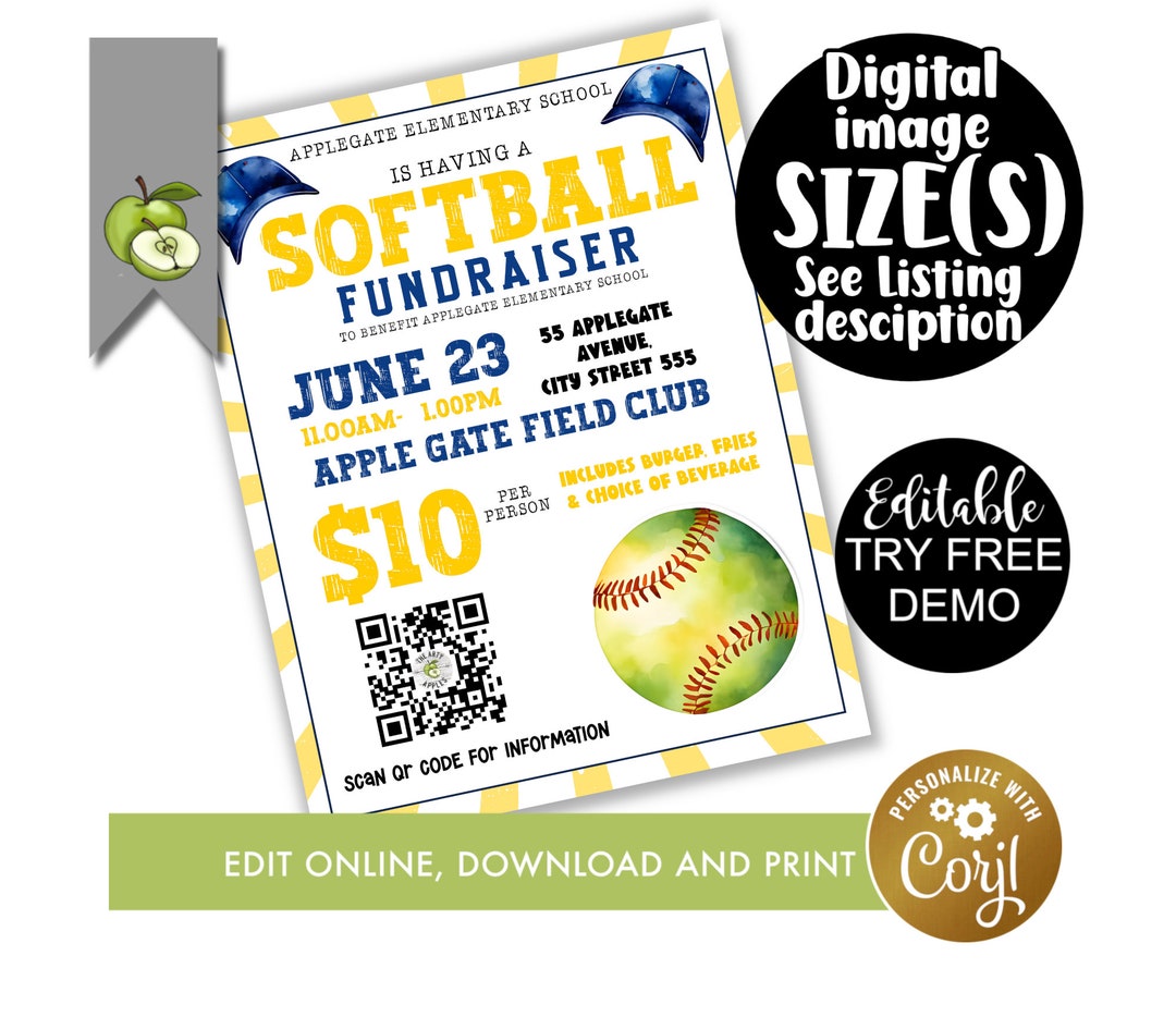 Editable Softball Fundraiser Flyer Editable Template Add QR Code for ...