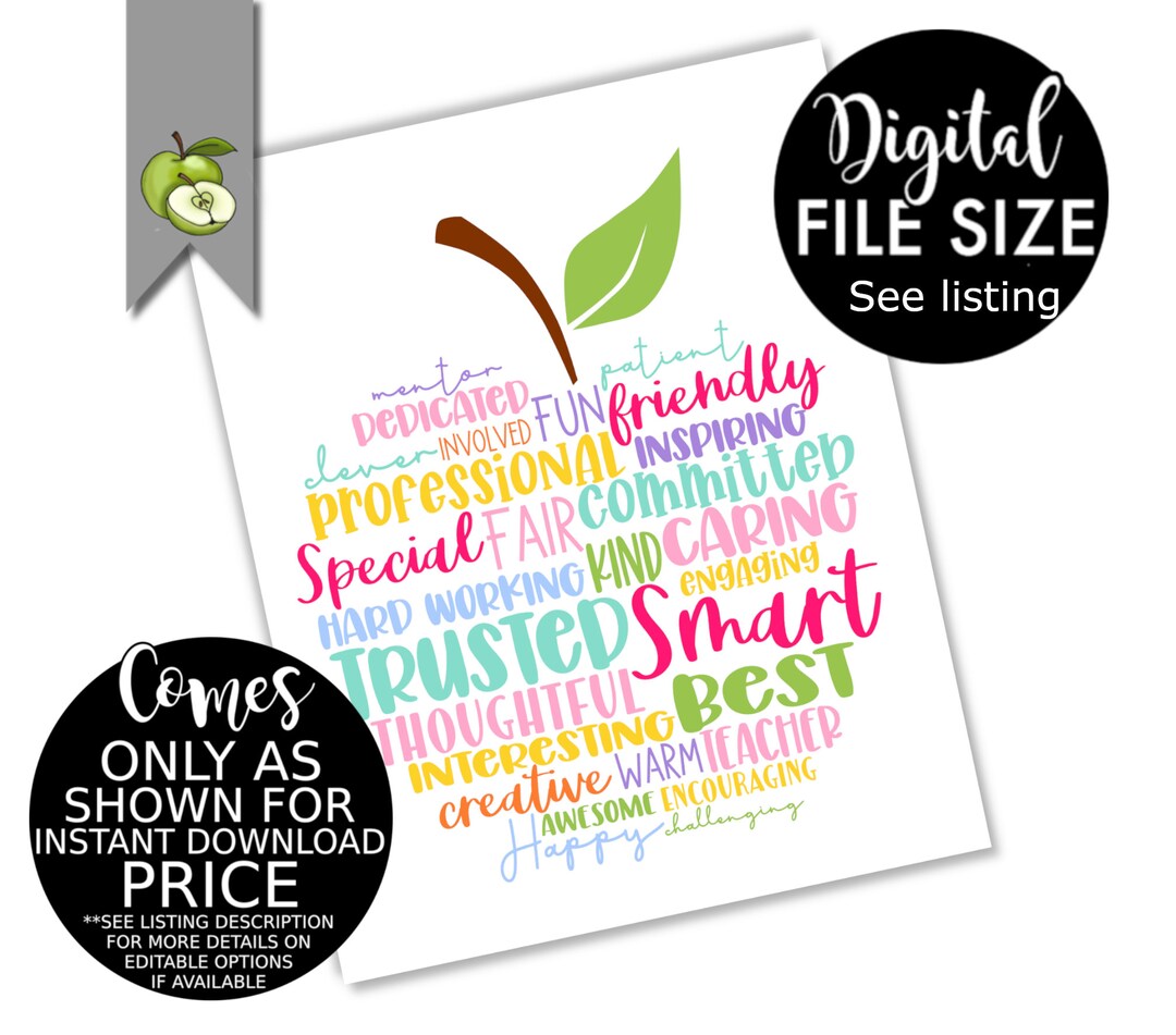 Teacher Word Art Apple Printable, Thank You Teacher Appreciation Gift ...