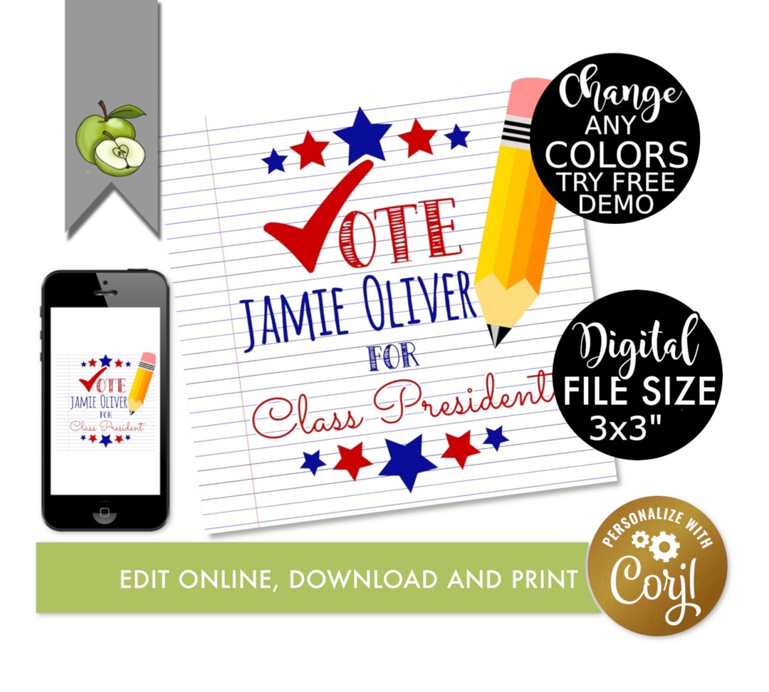 Vote for Me Editable Tag, Class President, Note Paper, School Vote Tag ...