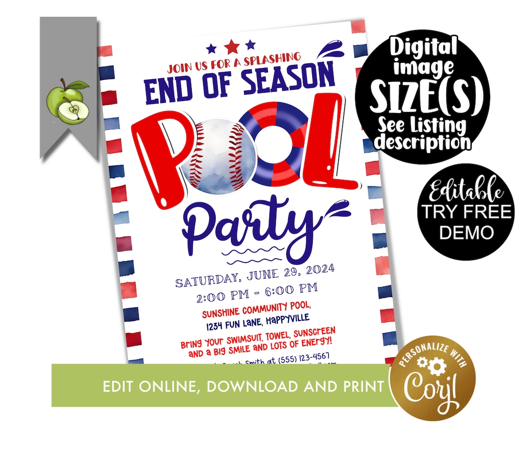 Editable Summer Pool Baseball Party Invitation, Baseball Back to School ...
