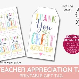 Thank You for a Great School Year Teacher Appreciation Gift Tag, Thank ...