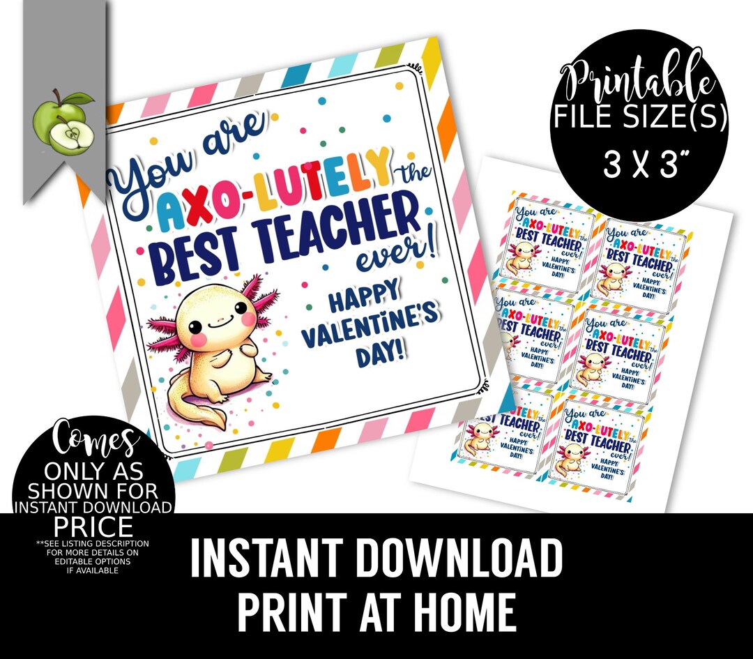Valentine Axolotl Best Teacher Valentine Gift Tag Valentines Day ...