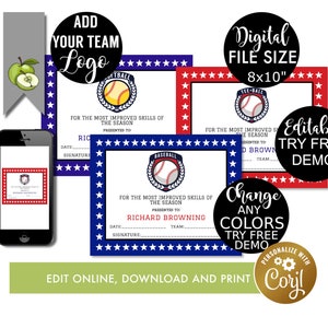 EDITABLE Baseball Award Certificates, INSTANT DOWNLOAD, Baseball Party ...