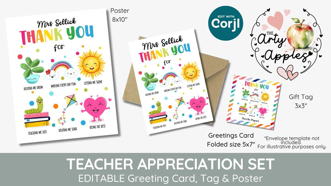 Editable Teacher Appreciation Thank You Cards Printable, Teacher ...