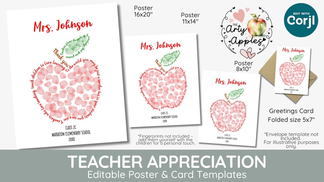Editable Fingerprint Apple Teacher Gift Card, DIY Craft Class Names ...