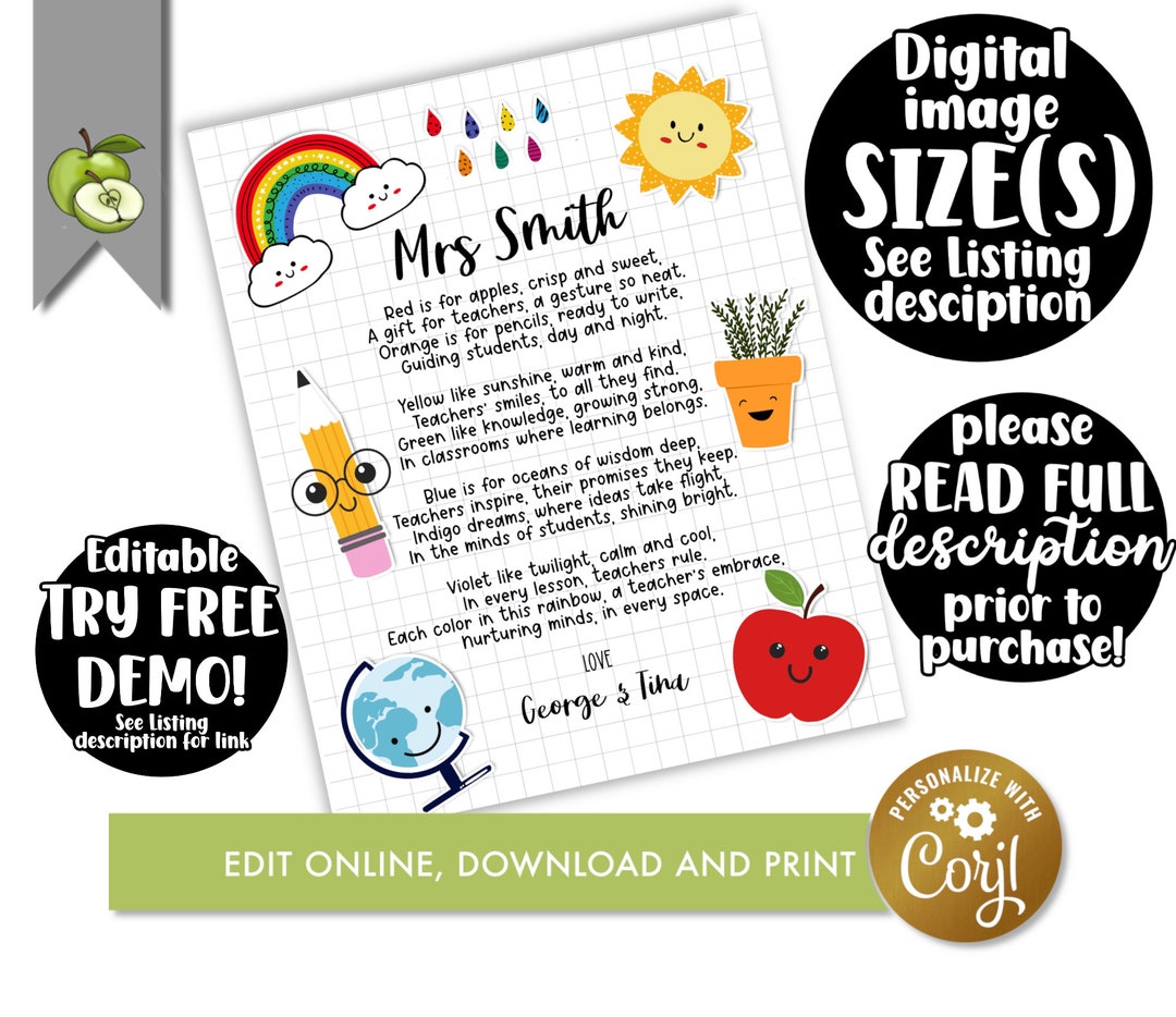 Editable Teacher Thank You Rainbow Poem Gift, Printable Teacher Wall ...