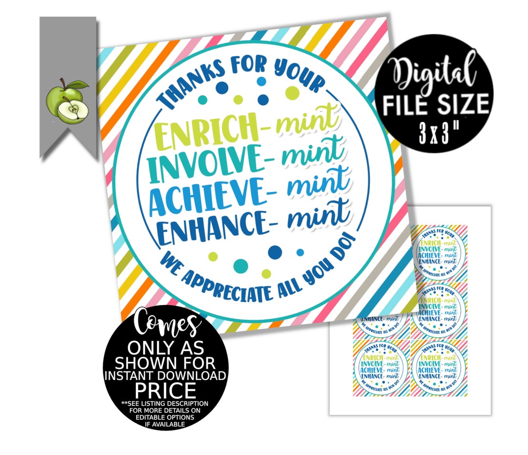 Mint Favor Gift Tag PTA Staff Gift, Appreciation Gift Tags, Co-worker ...