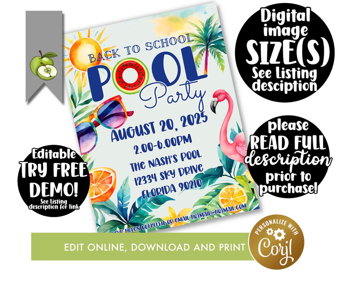 Editable Back to School Summer Pool Party Invitation, Back to School ...