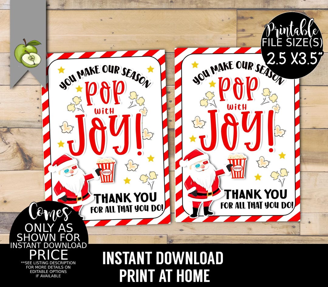 Holiday Popcorn Gift Tags, Christmas Pop With Joy, Printable Gift Tag ...