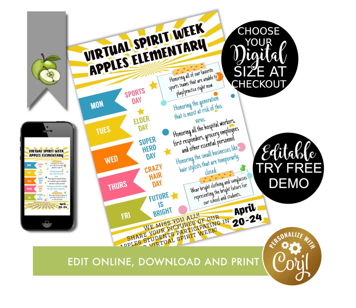 Virtual Spirit Week School Closure Schedule Planner Comic | Etsy