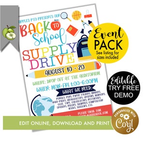 Editable Back to School Supply Drive Flyer Editable, Printable PTA PTO ...