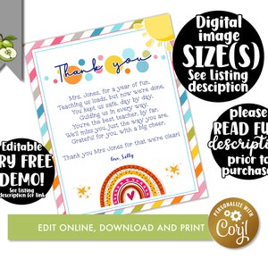 Editable Teacher Thank You Rainbow Poem Gift, Printable Appreciation ...