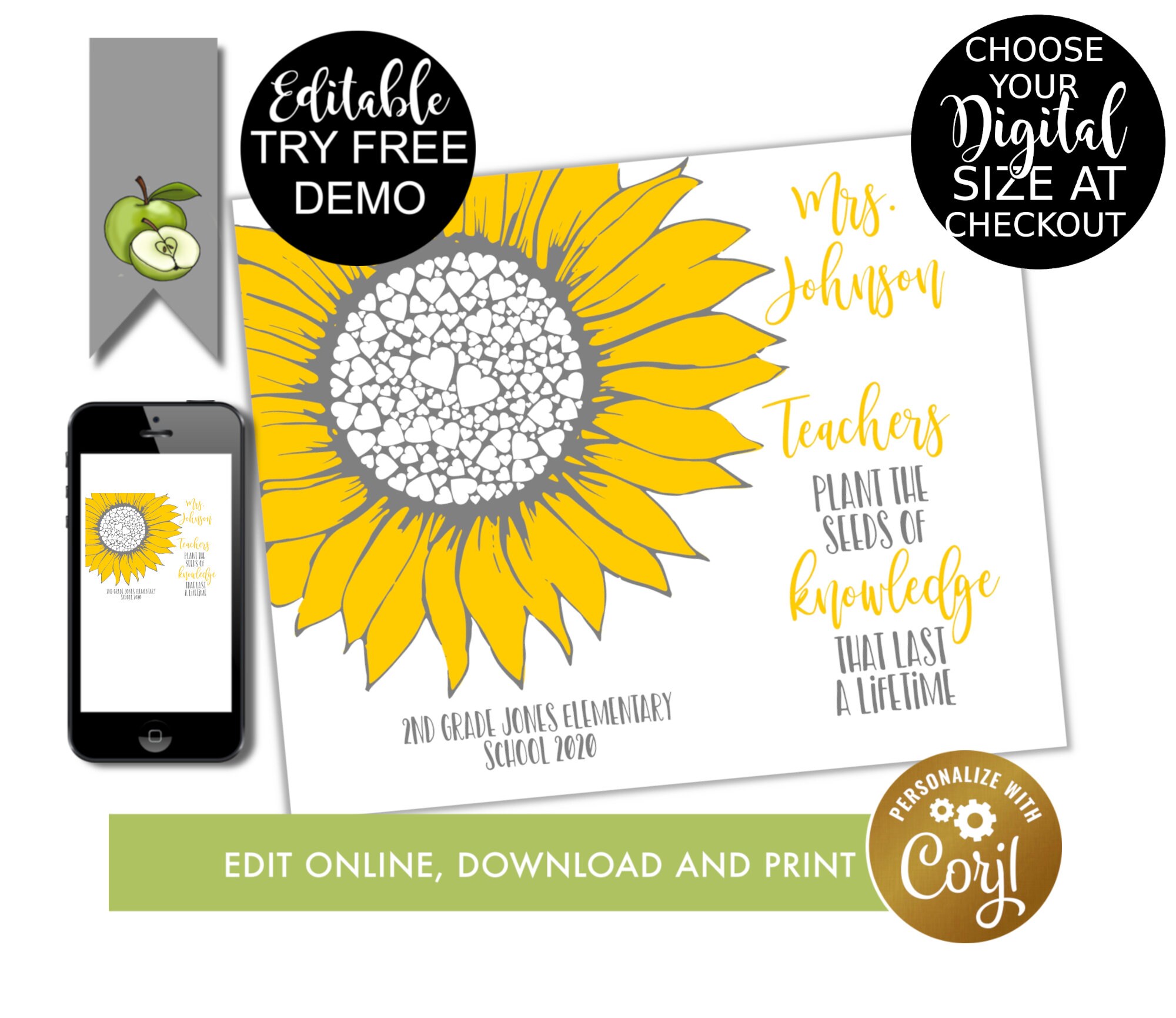 Editable Sunflower Teacher Appreciation teacher flower gift | Etsy