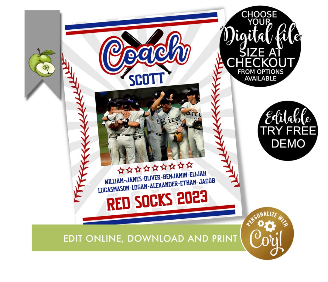 Baseball Coach Thank You Team Gift, Editable, Baseball Printable, Photo ...