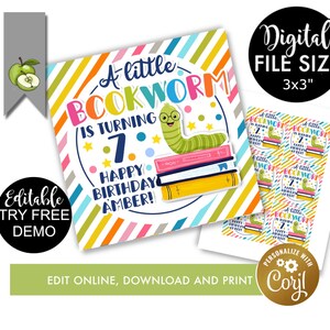 Editable Book Worm Editable Tag, Class Bookworm, Birthday Party ...