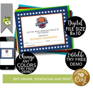 EDITABLE Basketball Award Certificates, INSTANT DOWNLOAD, Basketball ...