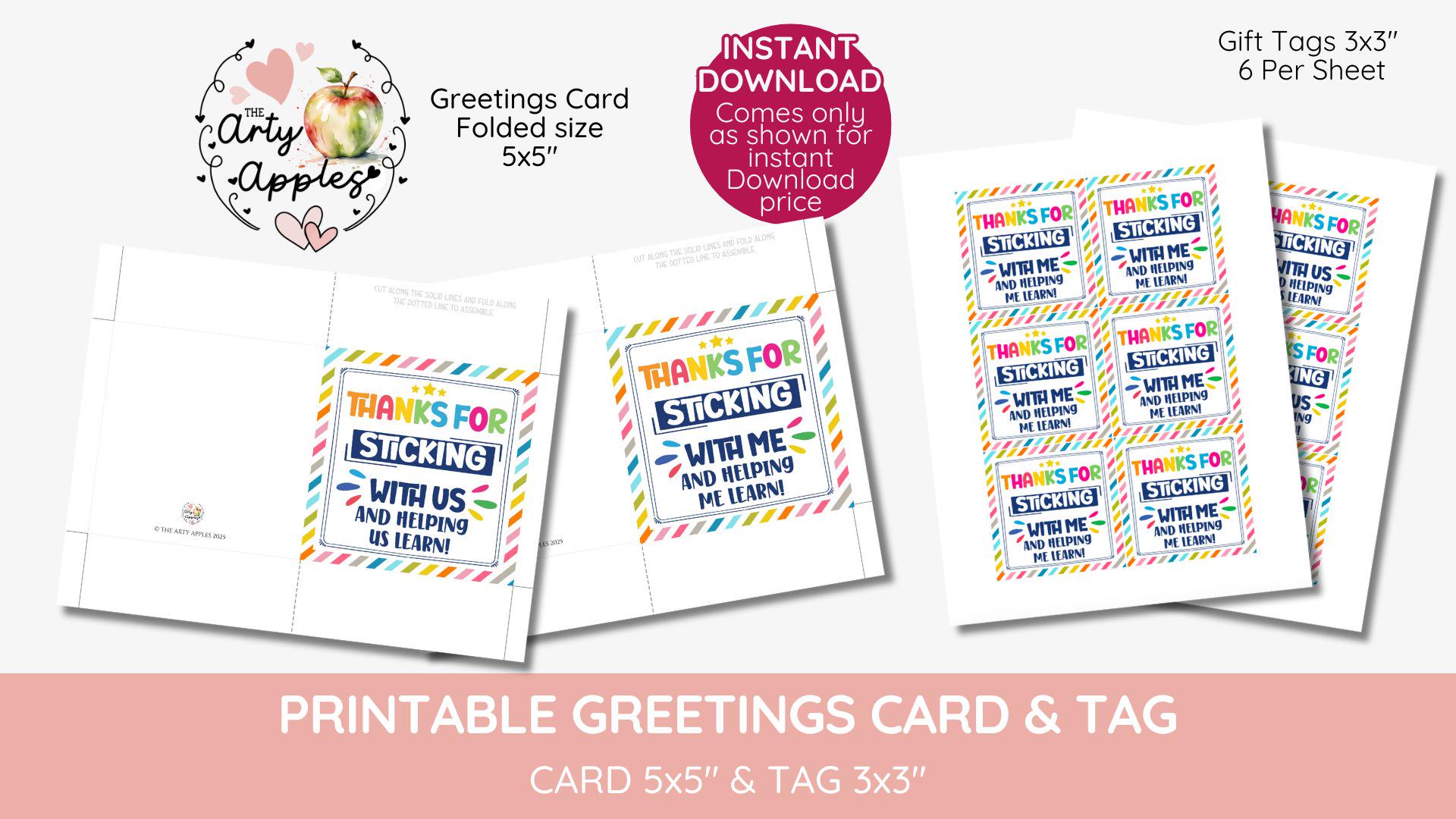 Thank You for Sticking With Me and Helping Me Learn Gift Tag and Card ...
